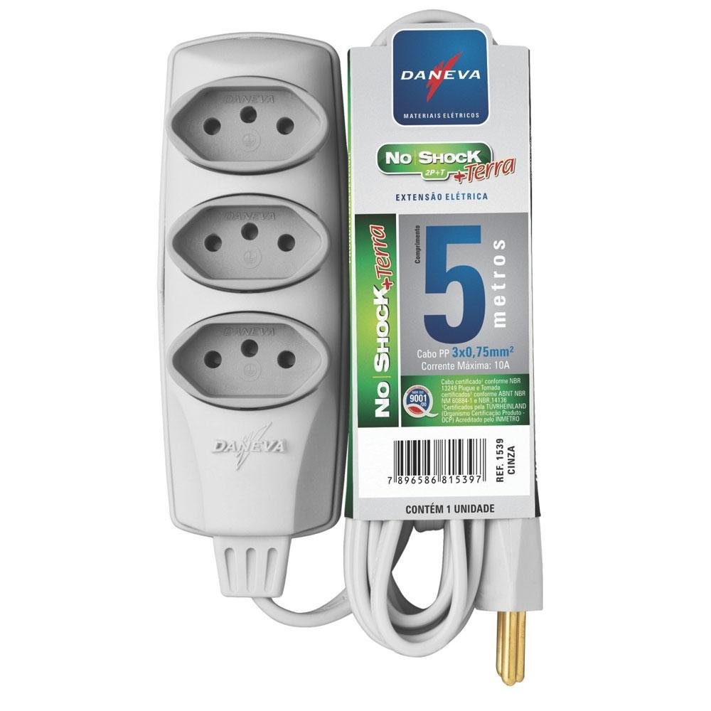 Extensão Daneva NO SHOCK TERRA PP 3x0,75mmx 5m Cinza DN1539